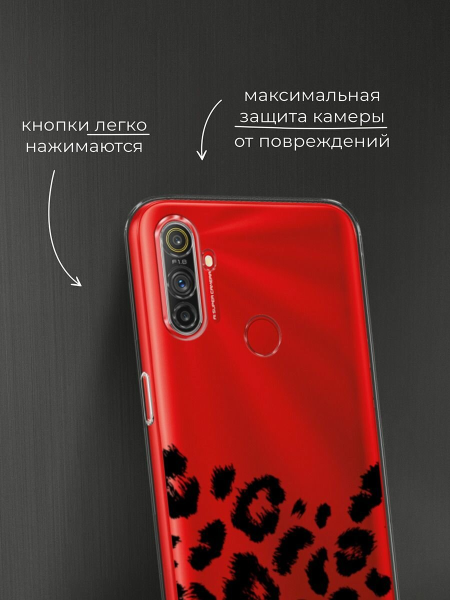 Чехол на Realme C3 / Реалми C3 с принтом "Окрас леопарда фон черный", прозрачный — фото 1
