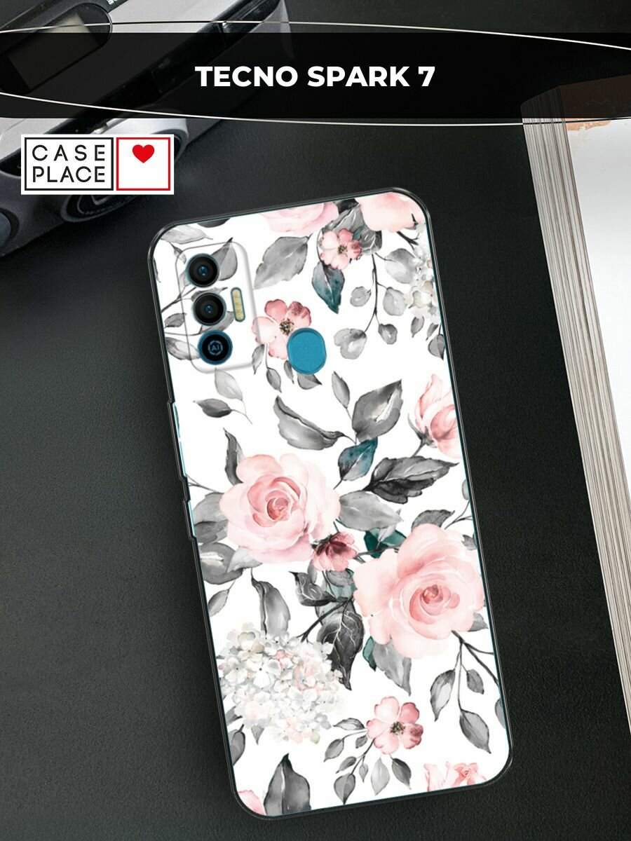 Чехол на Tecno Spark 7 / Техно Спарк 7 с принтом "Розы на белом"