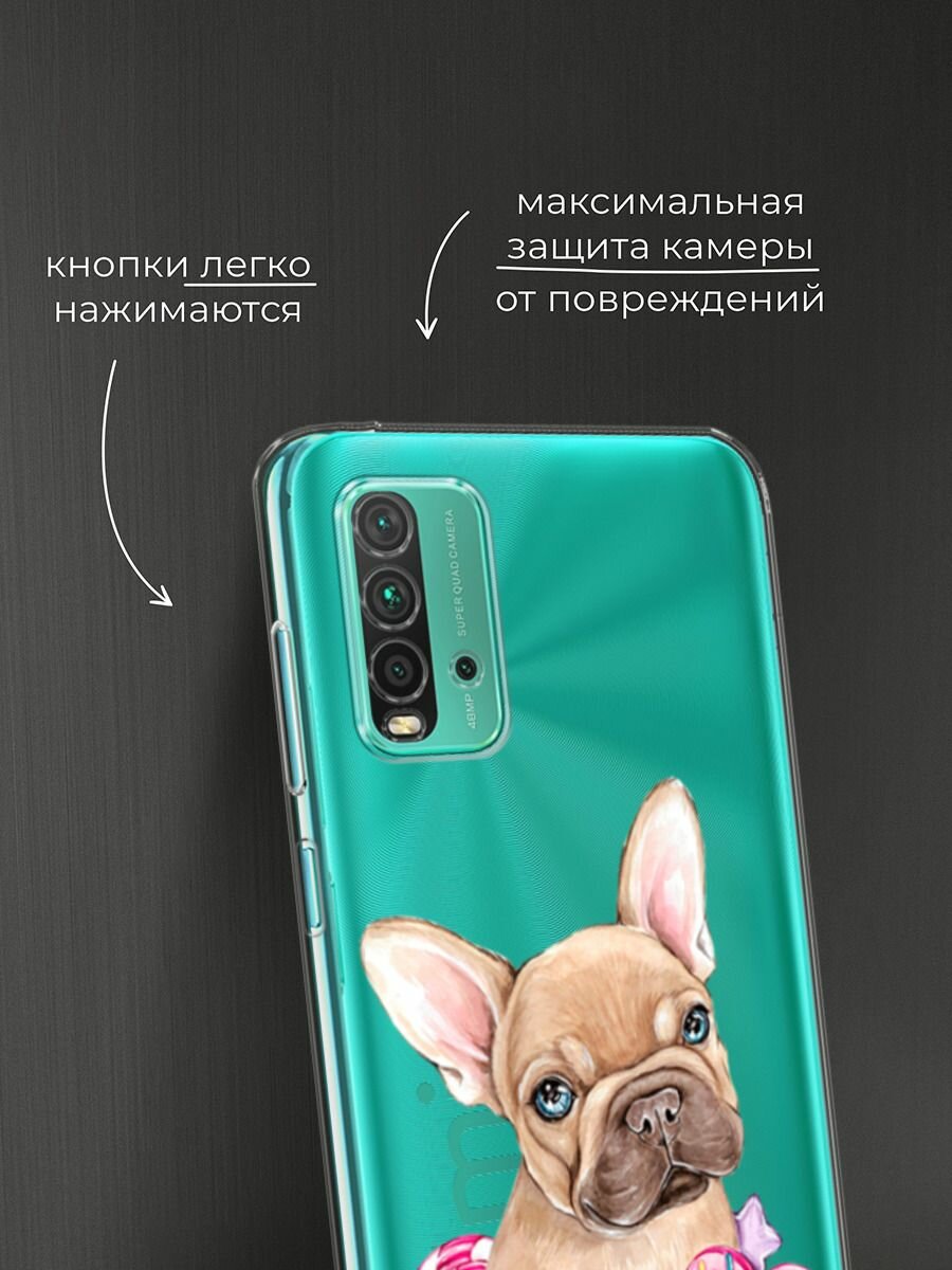 Чехол на Xiaomi Redmi 9T / Сяоми Редми 9Т с принтом "Бульдог и сладости", прозрачный — фото 1