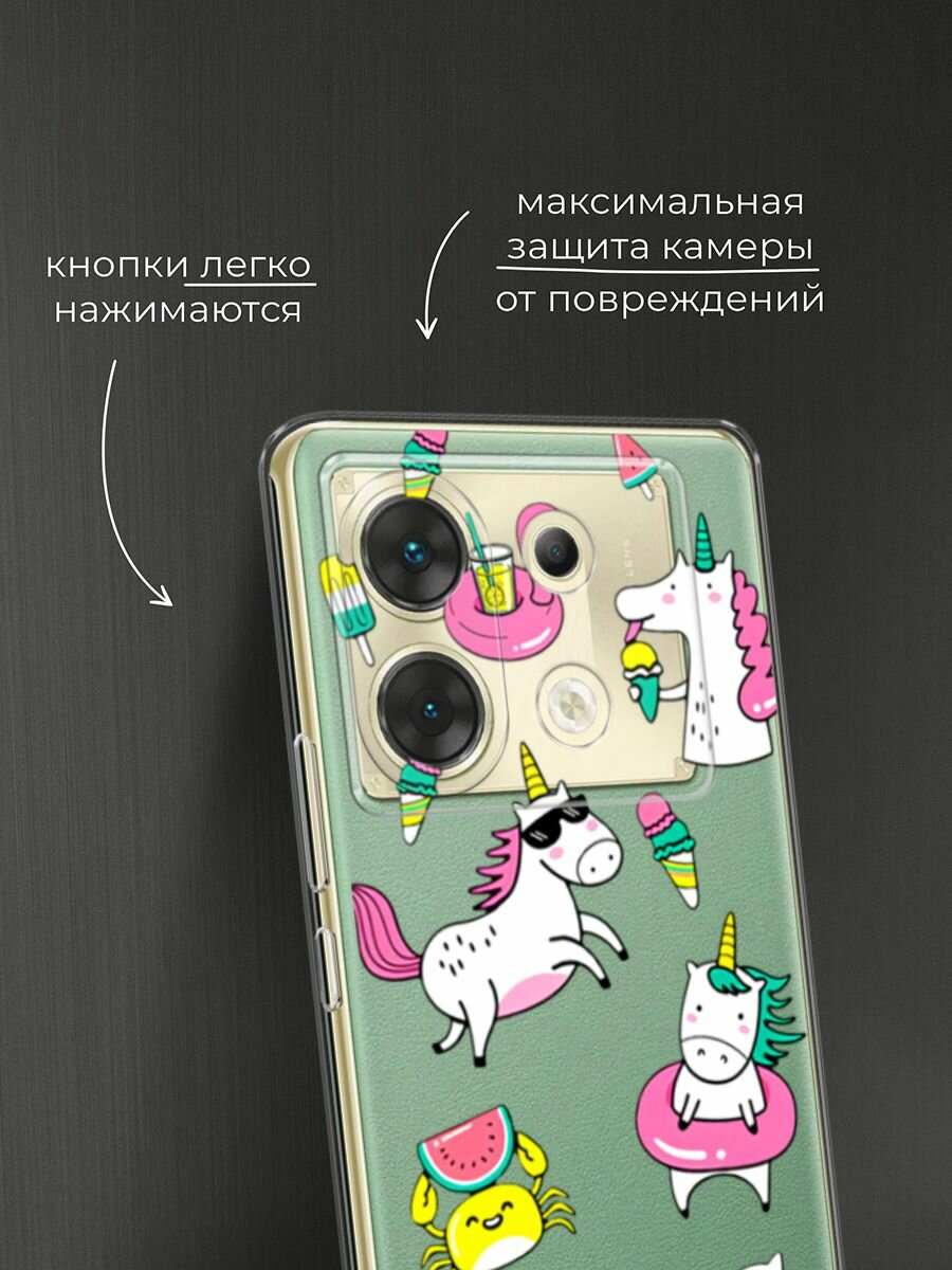 Чехол на Infinix Zero 30 5G / Инфиникс Зеро 30 5G с принтом "Единороги в отпуске", прозрачный — фото 1
