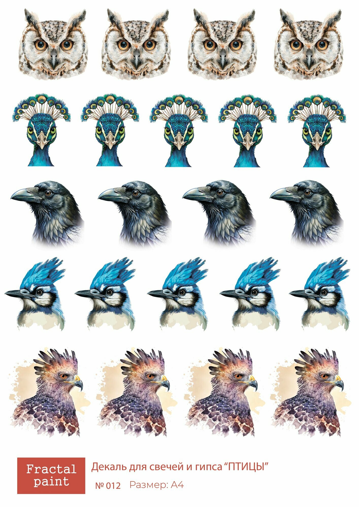 Трансфер для декупажа, декали для свечей и гипса птицы 012 (А4)