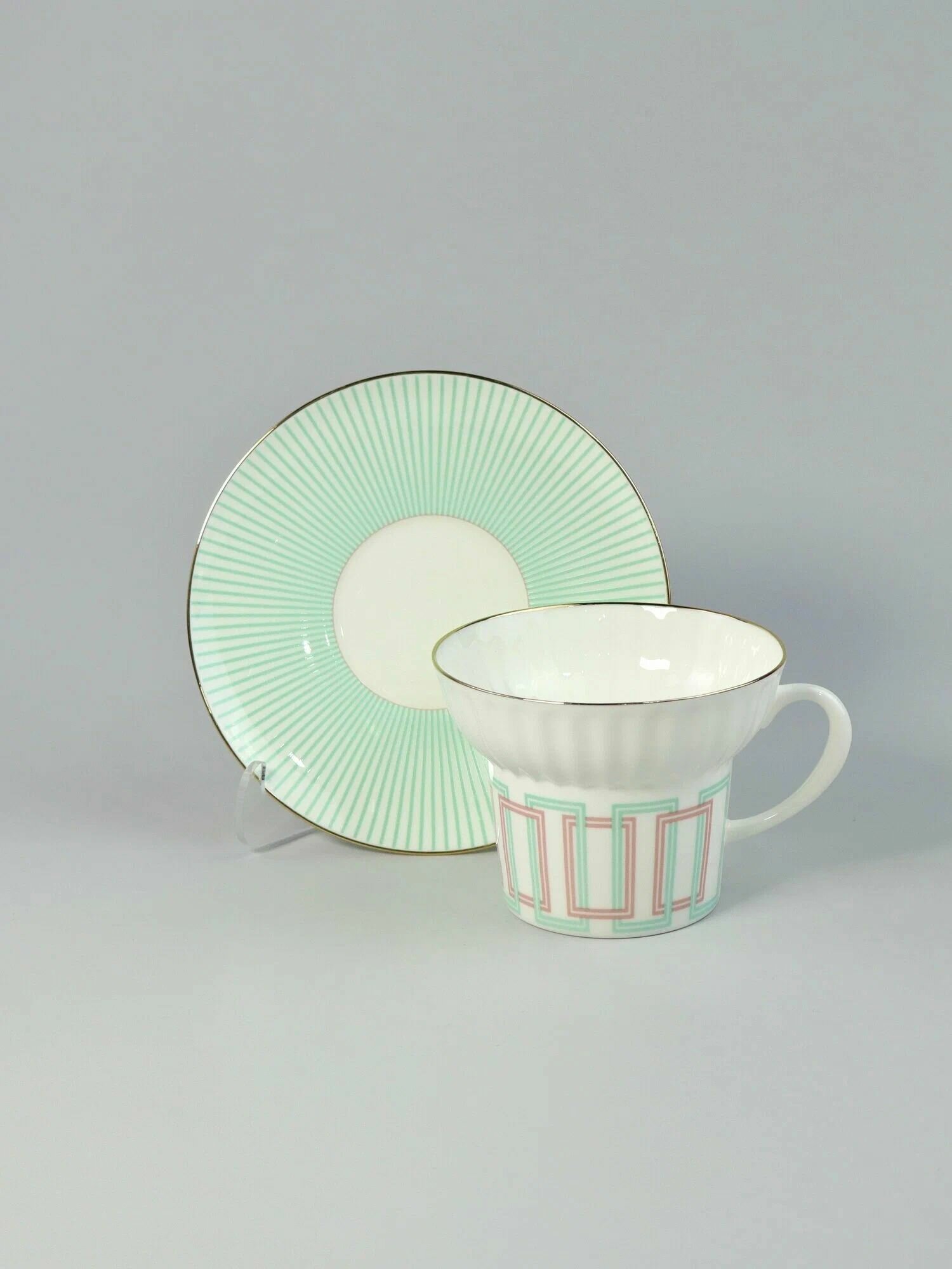 Чайная пара. Форма "Волна", рисунок "Геометрия" №4. Костяной фарфор. 155 мл. Императорский фарфоровый завод ИФЗ.