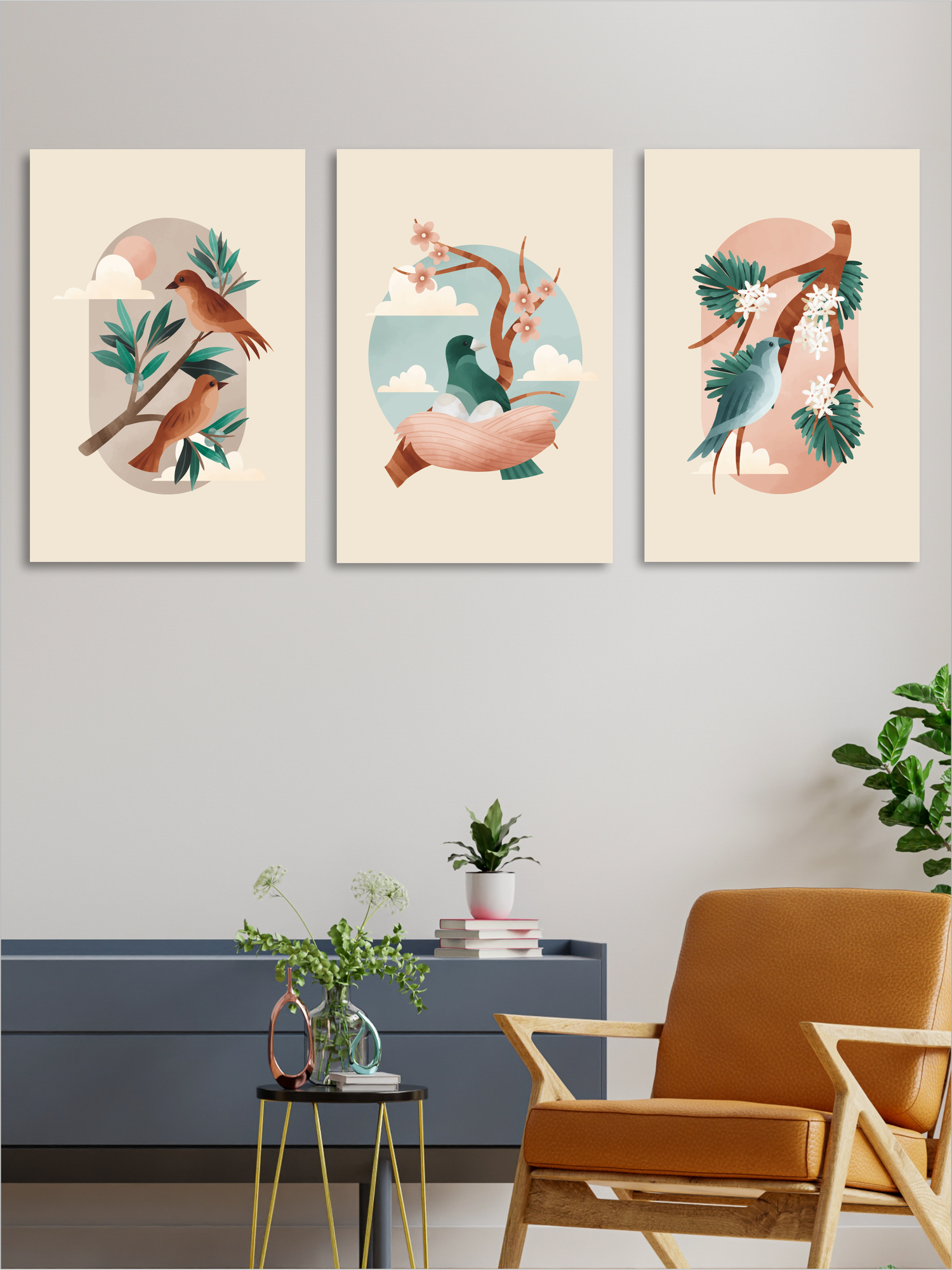 Модульная картина для интерьера на стену минимализм. Весна на цветущих ветках птица в гнезде 40х60 см - 3 штуки на холсте на подрамнике