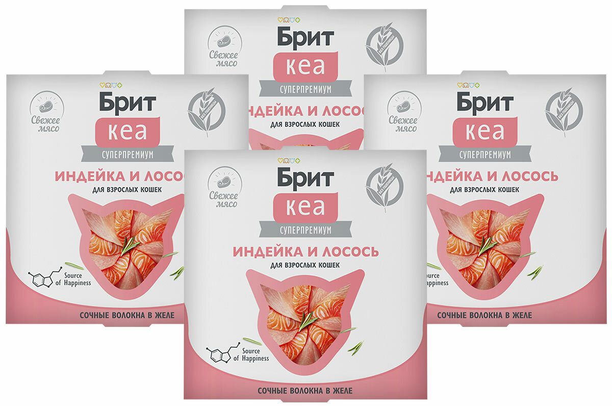 Корм влажный Brit Care для взрослых кошек с индейкой и лососем кусочки в желе, 75 г х 4 шт