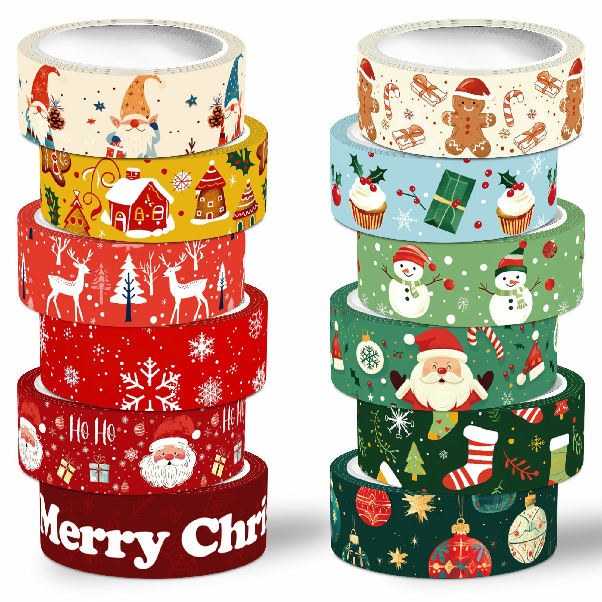 Набор из 12 рулонов рождественской васи-ленты для декора, подарков и скрапбукинга, зимние мотивы олени, гномы, снежинки, 15 мм х 3 м, легко переклеивается, не оставляет следов