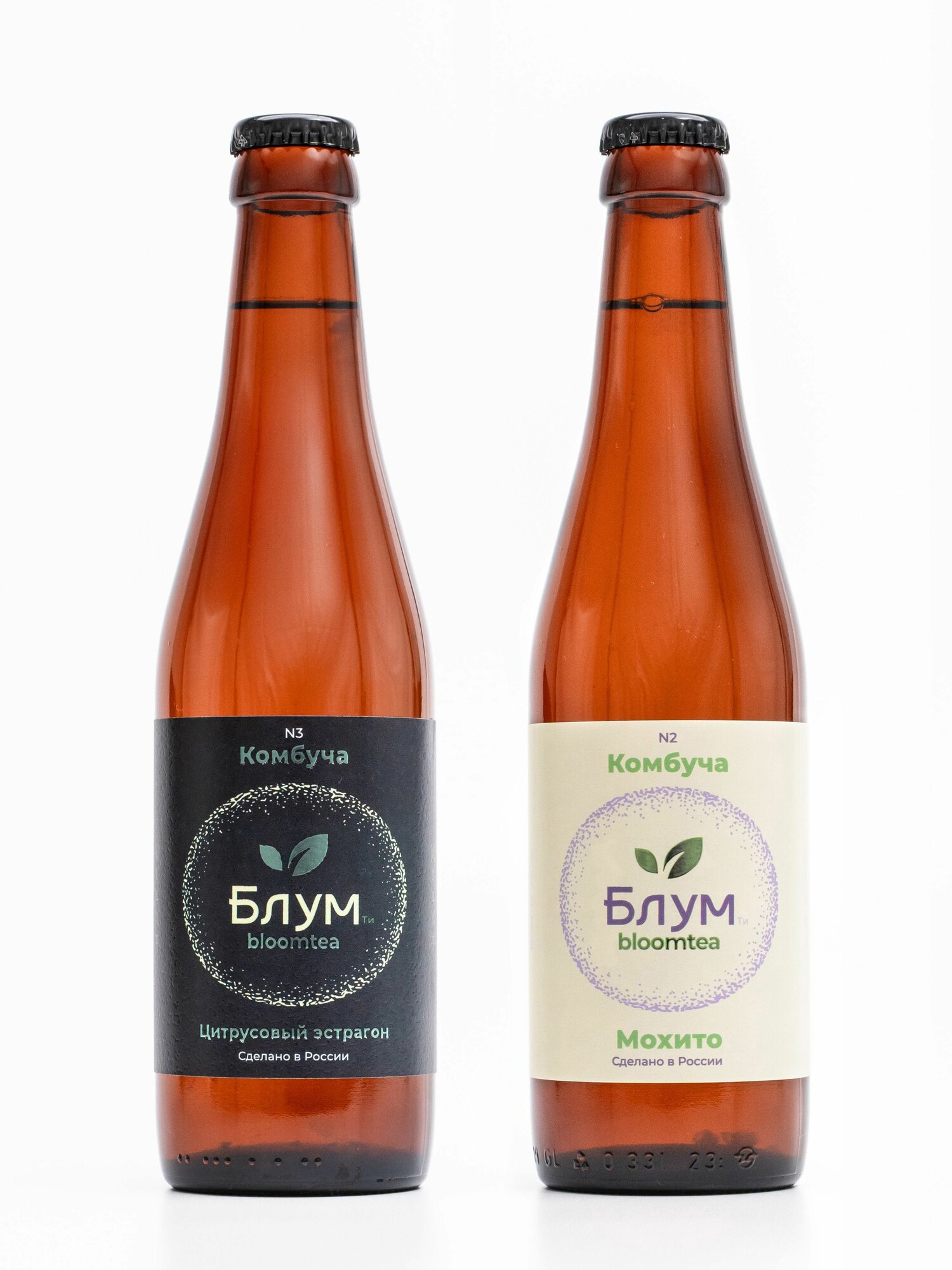Комбуча чайный гриб Блум BLOOMTEA, PREMIUM, непастеризованная, без ароматизаторов, сет, 2 вкуса, цитрусовый эстрагон и мохито, 2х0,33л