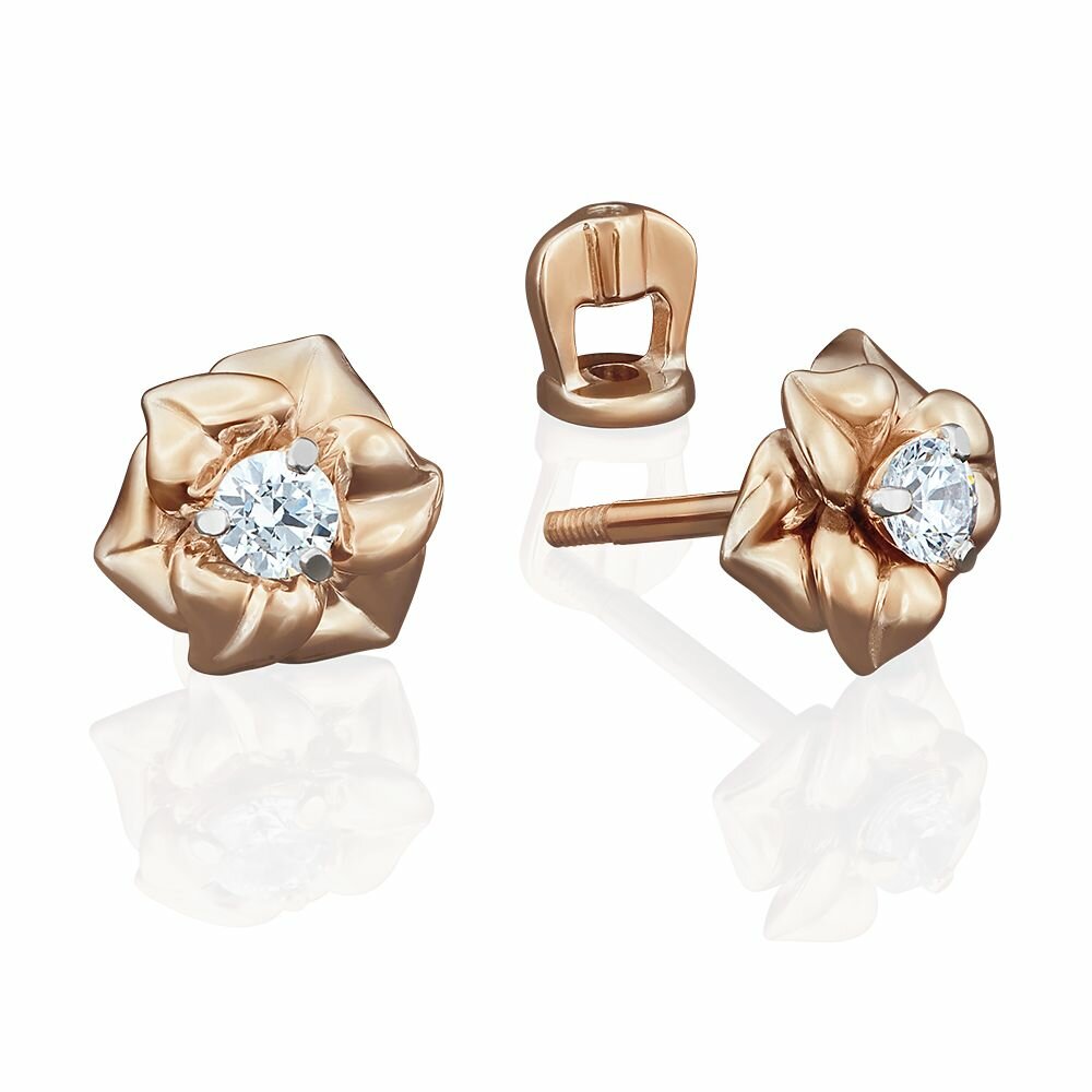 Серьги пусеты, красное золото, 585 проба, фианит