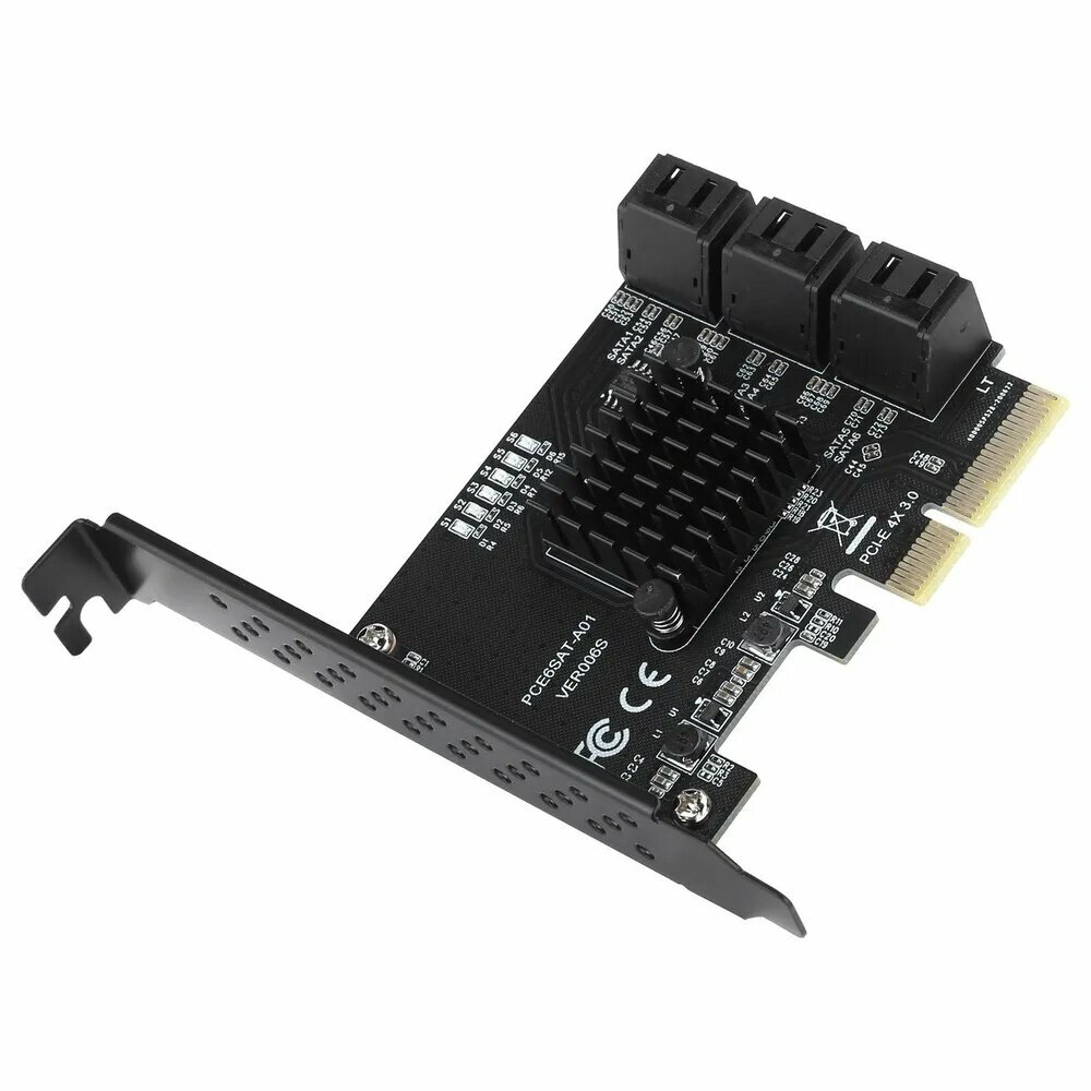 Адаптер расширения PCIE3.0 GEN3 4X до 6 портов SATA3.0 с контроллером ASMedia ASM1166, поддерживающий интерфейсы PCI-E4X8X16X, системы WIN8/WIN10/Synology/Ubuntu и индикацию LED для жестких дисков 6G