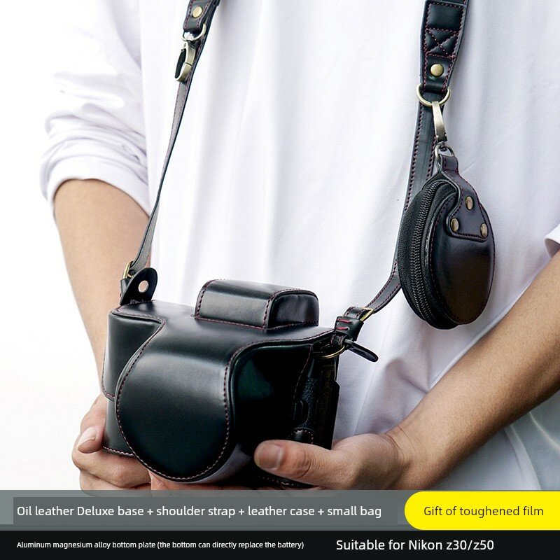 Чехол для камеры Nikon Z30 с кожаной deluxe-подставкой, кожаным чехлом, плечевым ремнем и боковым карманом, черный цвет