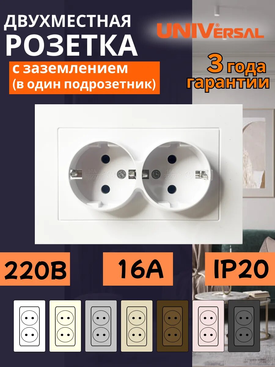 Розетка двойная встраиваемая с заземлением