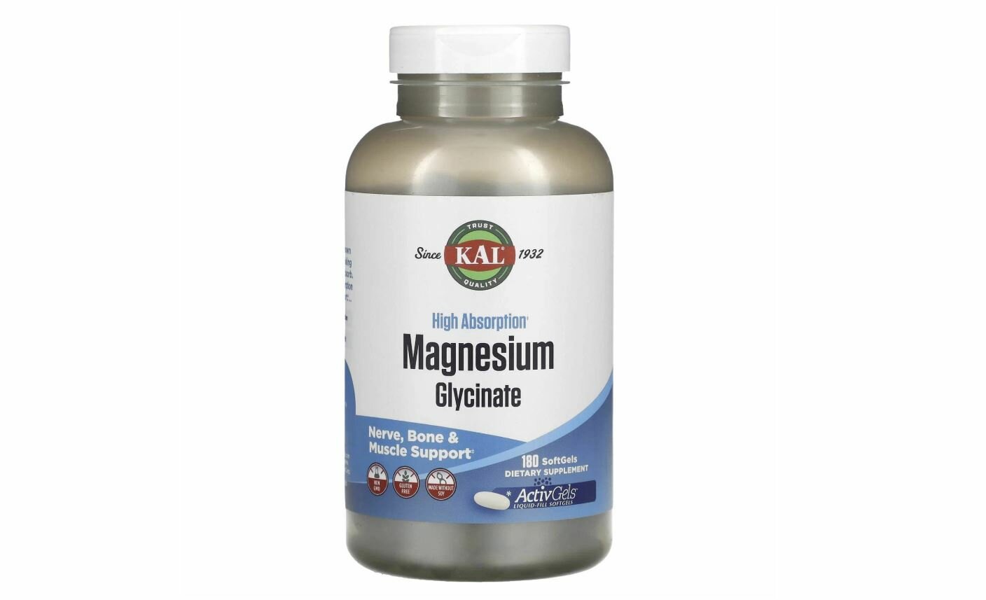 KAL Magnesium Glycinate, высокая абсорбция, 180 активных гелевых капсул