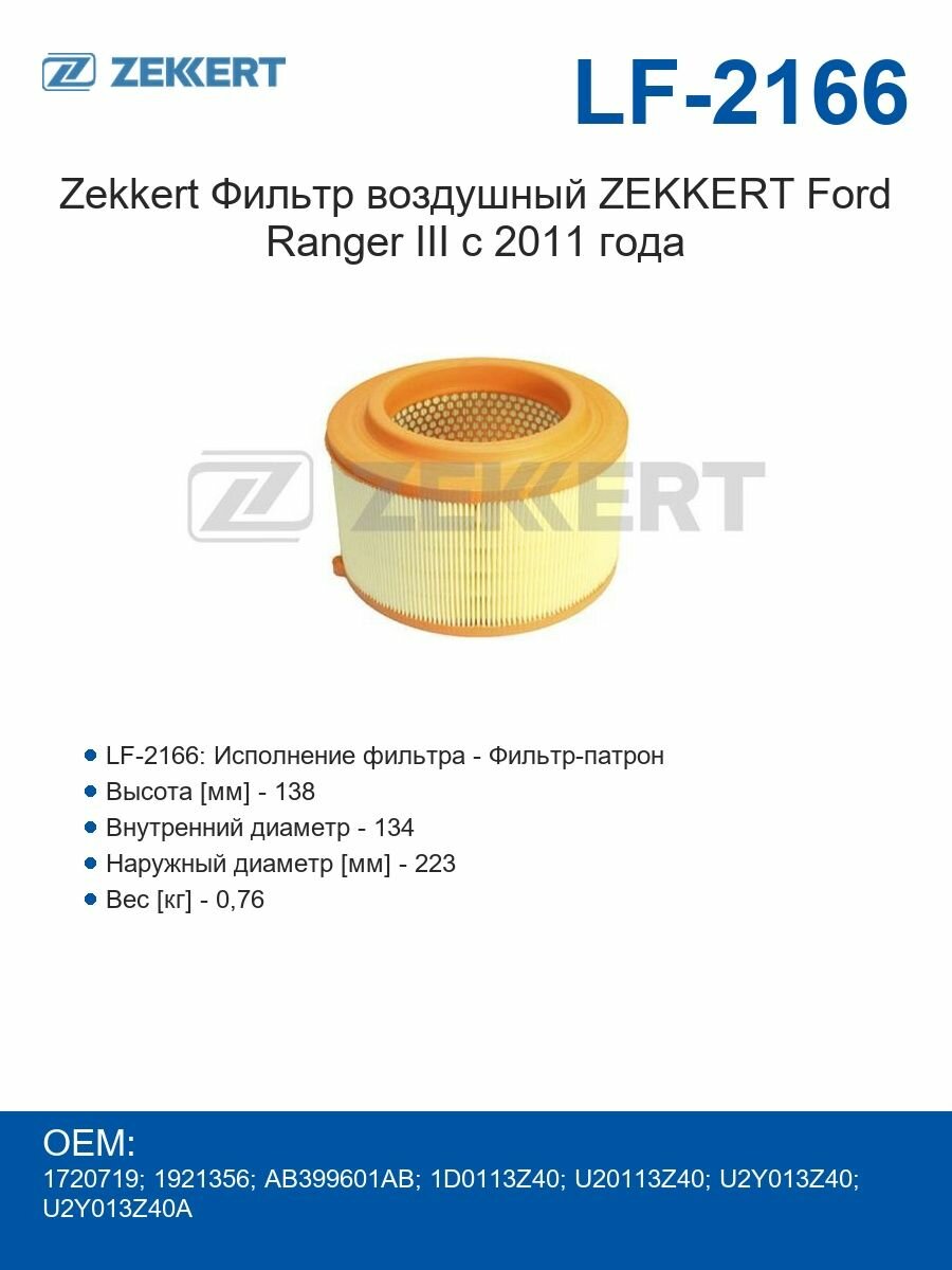 Zekkert Фильтр воздушный ZEKKERT Ford Ranger III с 2011 года