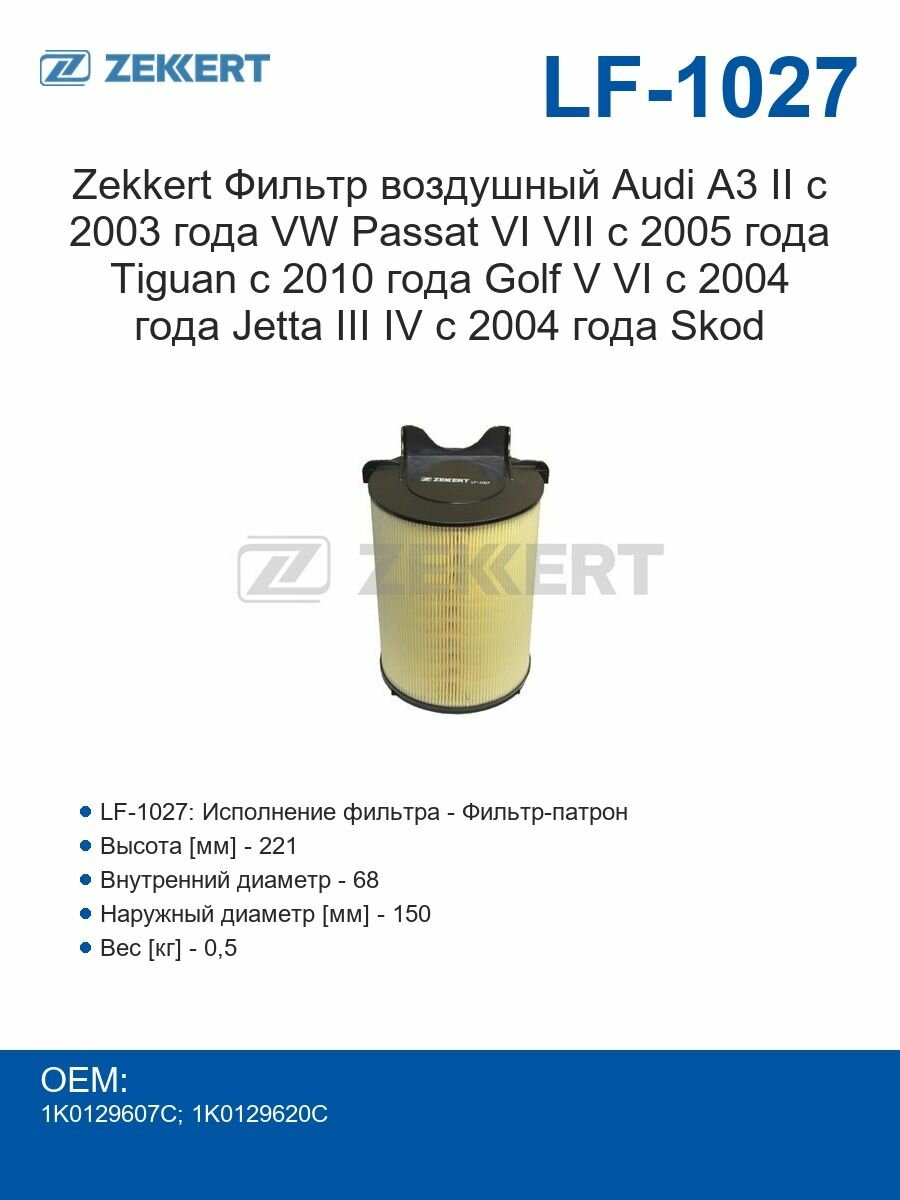 Zekkert Фильтр воздушный Audi A3 II с 2003 года VW Passat VI VII с 2005 года Tiguan с 2010 года Golf V VI с 2004 года Jetta III IV с 2004 года Skod
