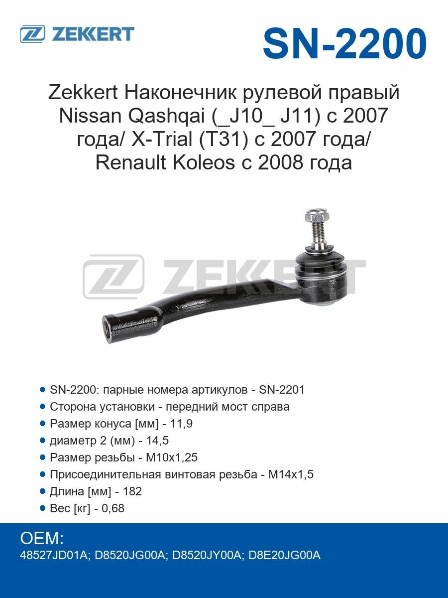 Zekkert Наконечник рулевой правый Nissan Qashqai (_J10_ J11) с 2007 года/ X-Trial (T31) с 2007 года/ Renault Koleos с 2008 года