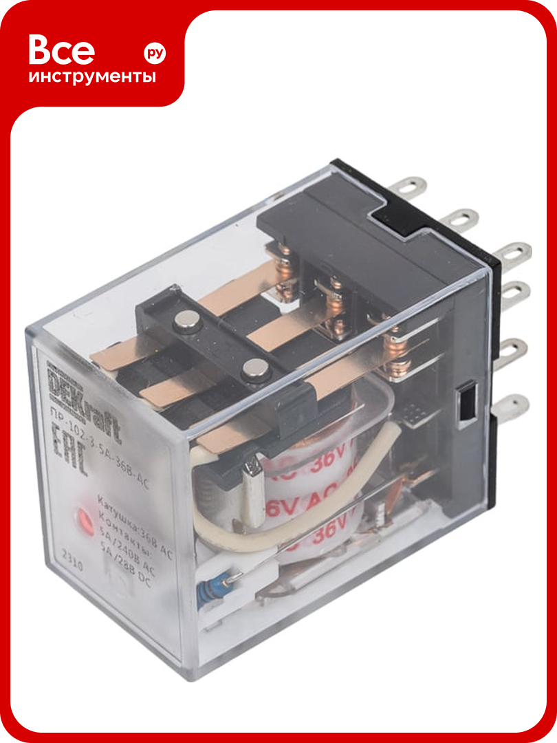 Промежуточное реле DEKraft 3-контактное, с led индикацией 5а 36в ac пр-102 23879DEK