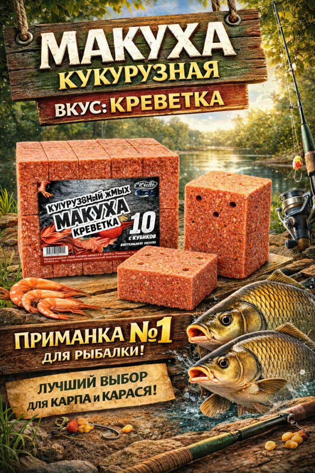 Макуха для рыбалки, кукурузный жмых с отверстиями для крючка "Креветка" 10 кубиков, 320г