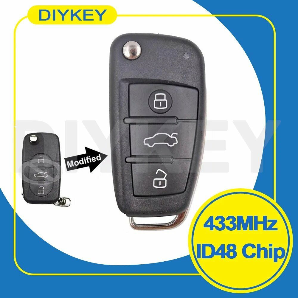 Модернизированный флип-пульт DIYKEY для Audi TT RS4 A3 A4 A6 A8 Quattro 4D0837231A 4D0837231N, 3-кнопочный брелок, 433 МГц, чип ID48