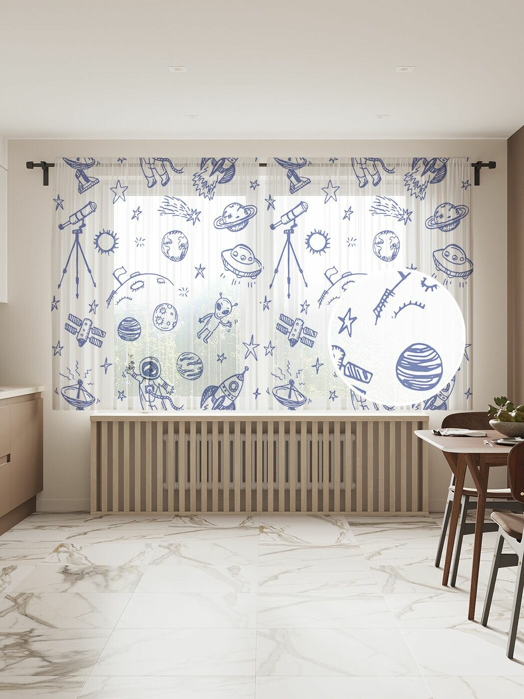Тюль, фототюль короткий JoyArty "Космическая фантазия" высота 180 см, ширина 145 см (2 полотна) на шторной ленте, крючки в комплекте