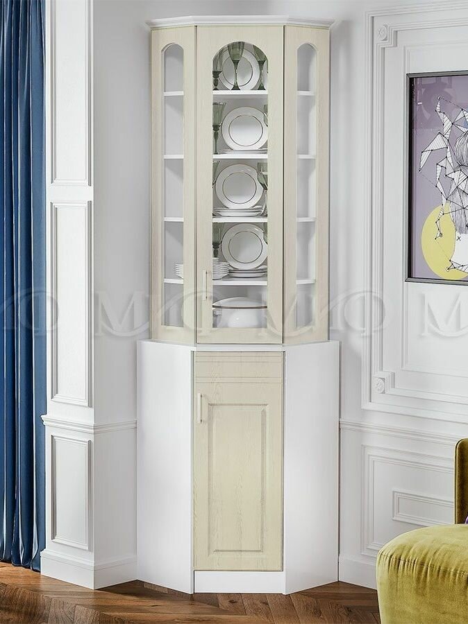 Буфет для кухни Констанция, угловой кухонный шкаф для посуды напольный с фасадами МДФ, 58х225х58 см, Фисташка/Белый