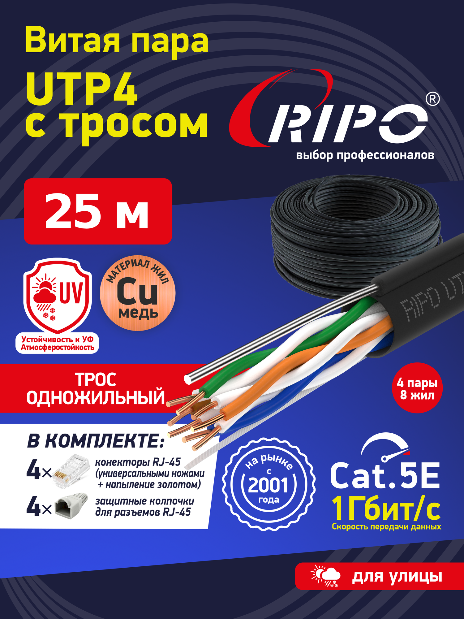 Кабель витая пара UTP CAT5E 24AWG уличный LAN Ethernet 25м