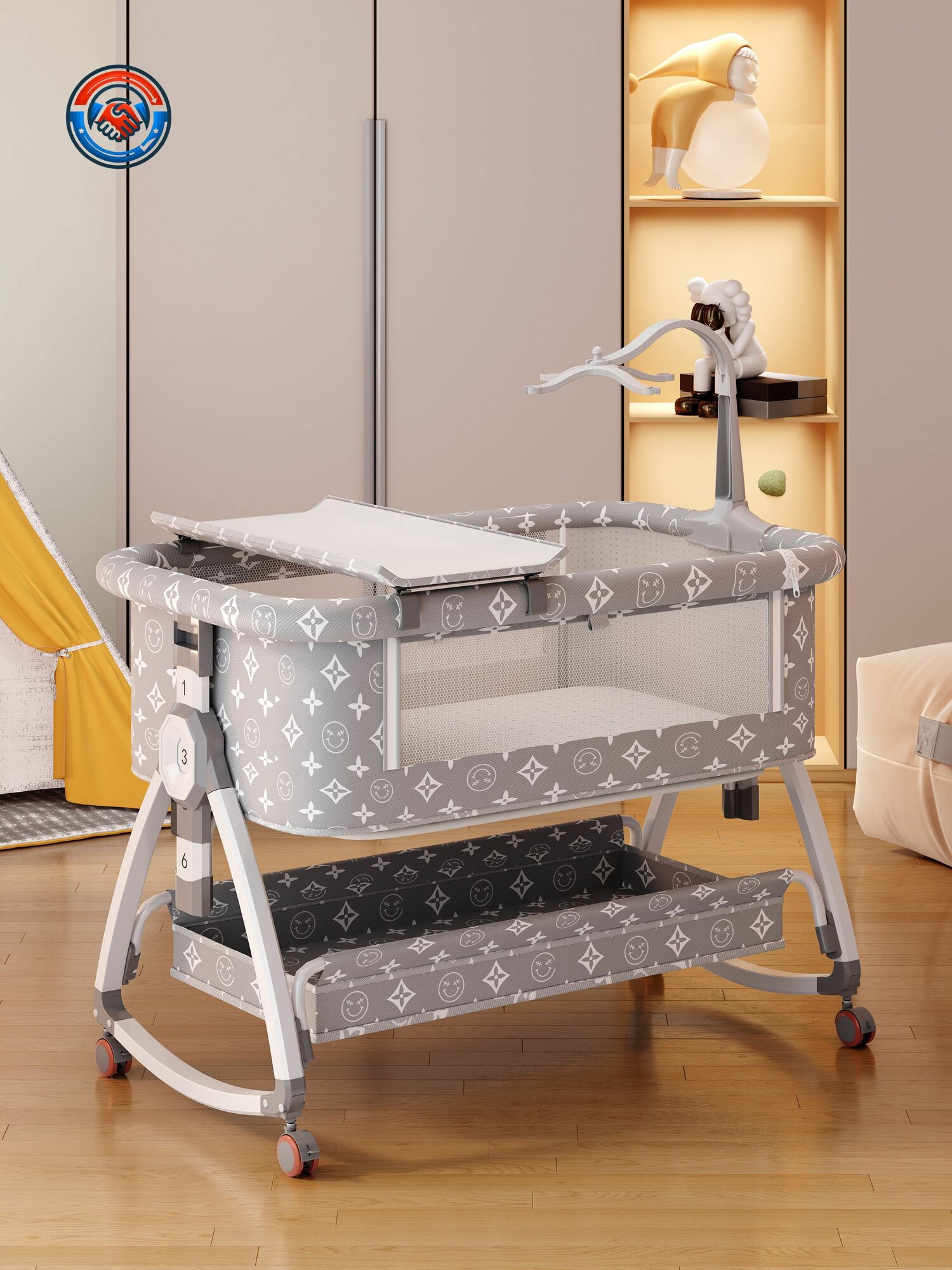 Колыбель для новорожденных с регулировкой высоты и качанием, серый, люлька-качалка с москитной сеткой и столиком для пеленания, складная, безопасная и экологичная