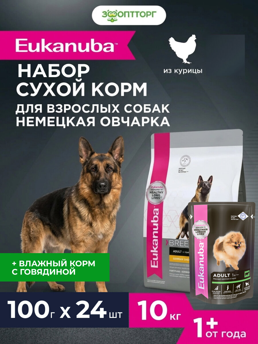 Комбо-набор Eukanuba сухой+влажный для собак породы немецкая овчарка, Птица, говядина, 10 кг + 100 г х 24 шт.