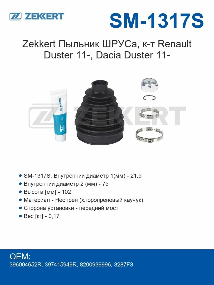 Zekkert Пыльник шруса, к-т Renault Duster 11-, Dacia Duster 11-