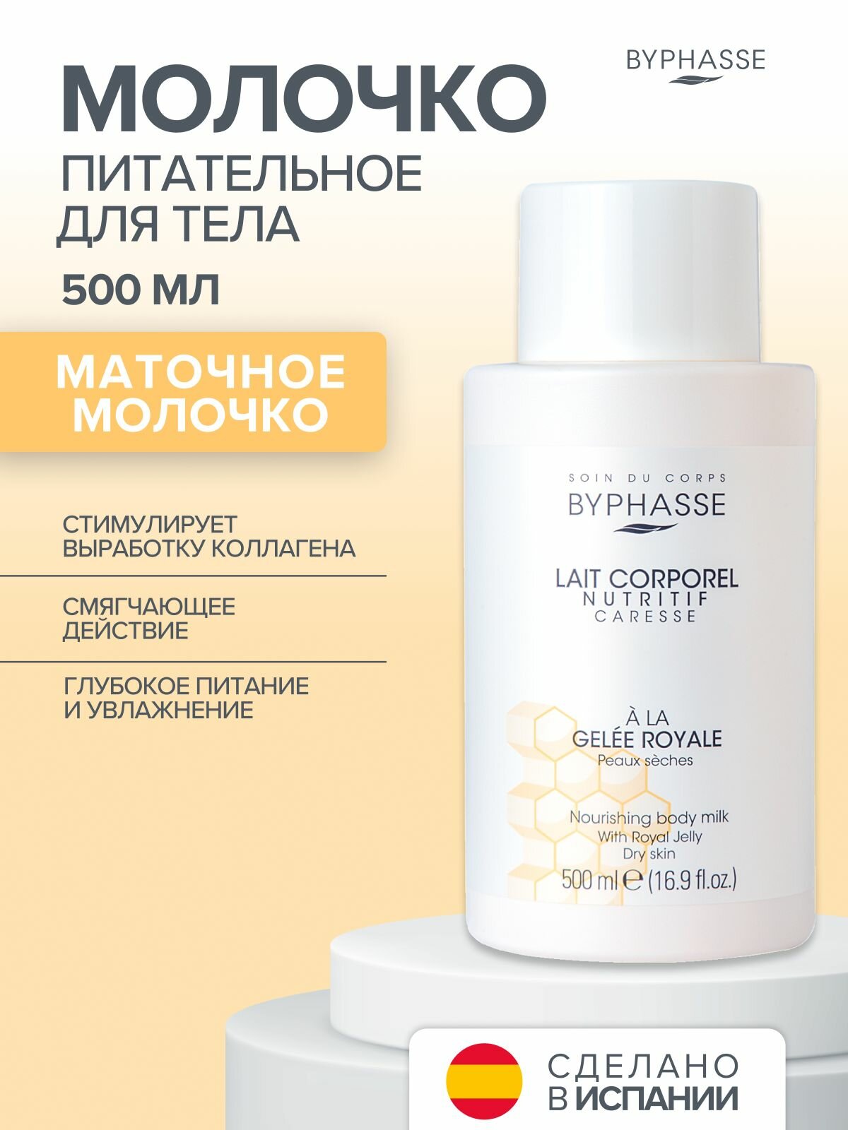 Byphasse, Молочко для тела питательное с маточным молочком, для сухой кожи, 500 мл, Испания, PH нейтрален, женский/мужской