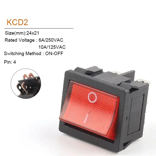 5 шт. Кулисный переключатель DIY GO KCD2 красный чёрный 24x21 мм 4/6 Pin 2/3 5 PCS, 4Pin Red Light