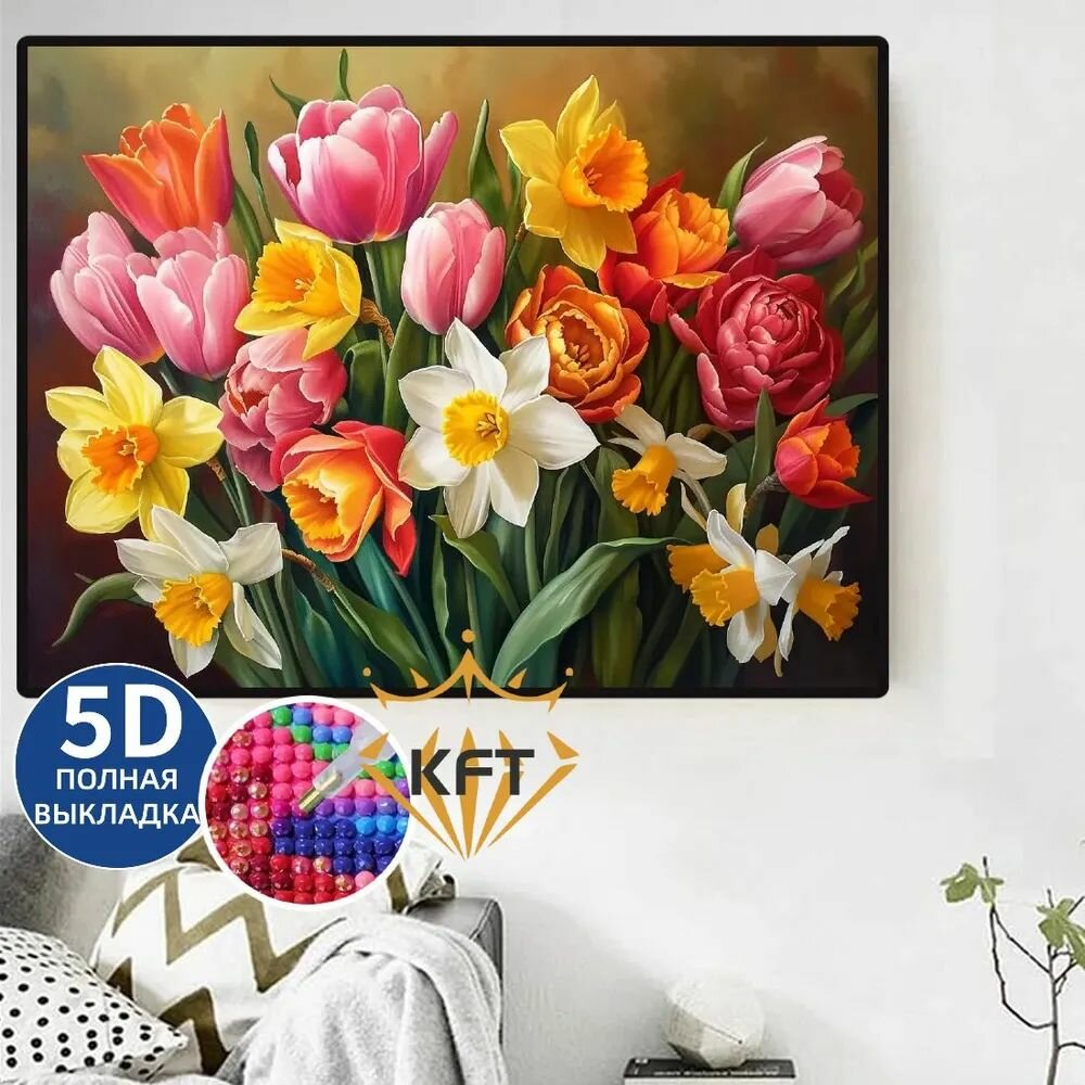 Алмазная мозаика "Тюльпан", 40 см х 50 см, полная выкладка, круглая форма страз