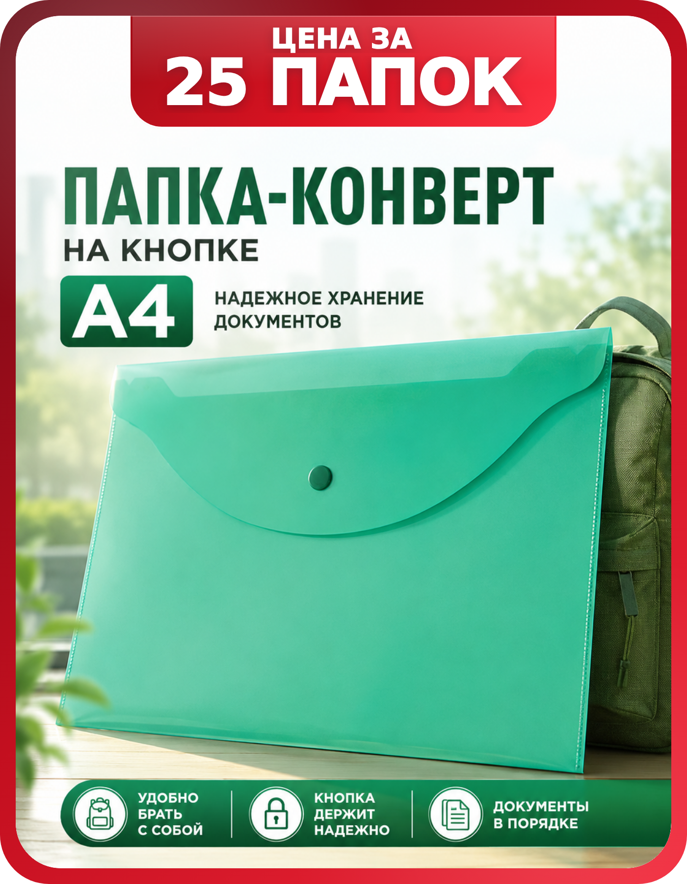 Папки-конверты А4 на кнопке, 25 шт
