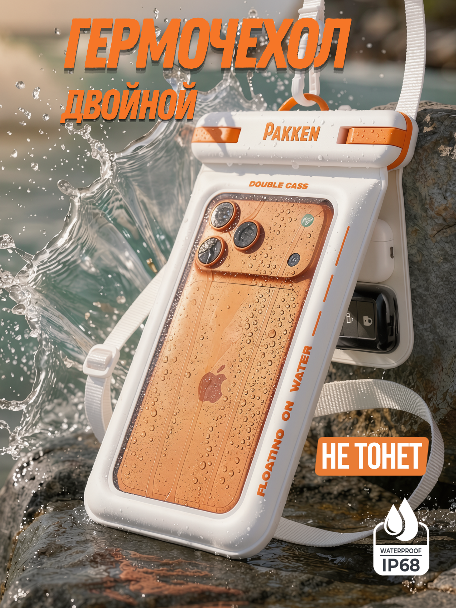 Чехол водонепроницаемый Pakken Аква для телефона двойной, не тонет
