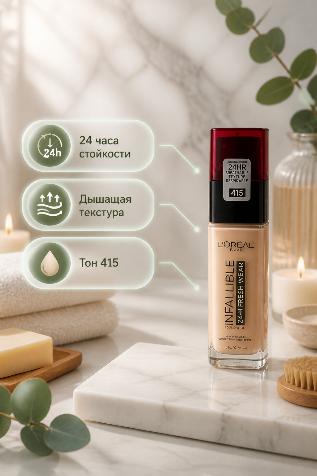 Тональное средство L'Oreal 24час, с дозатором, водостойкое, SPF 25 — фото 1