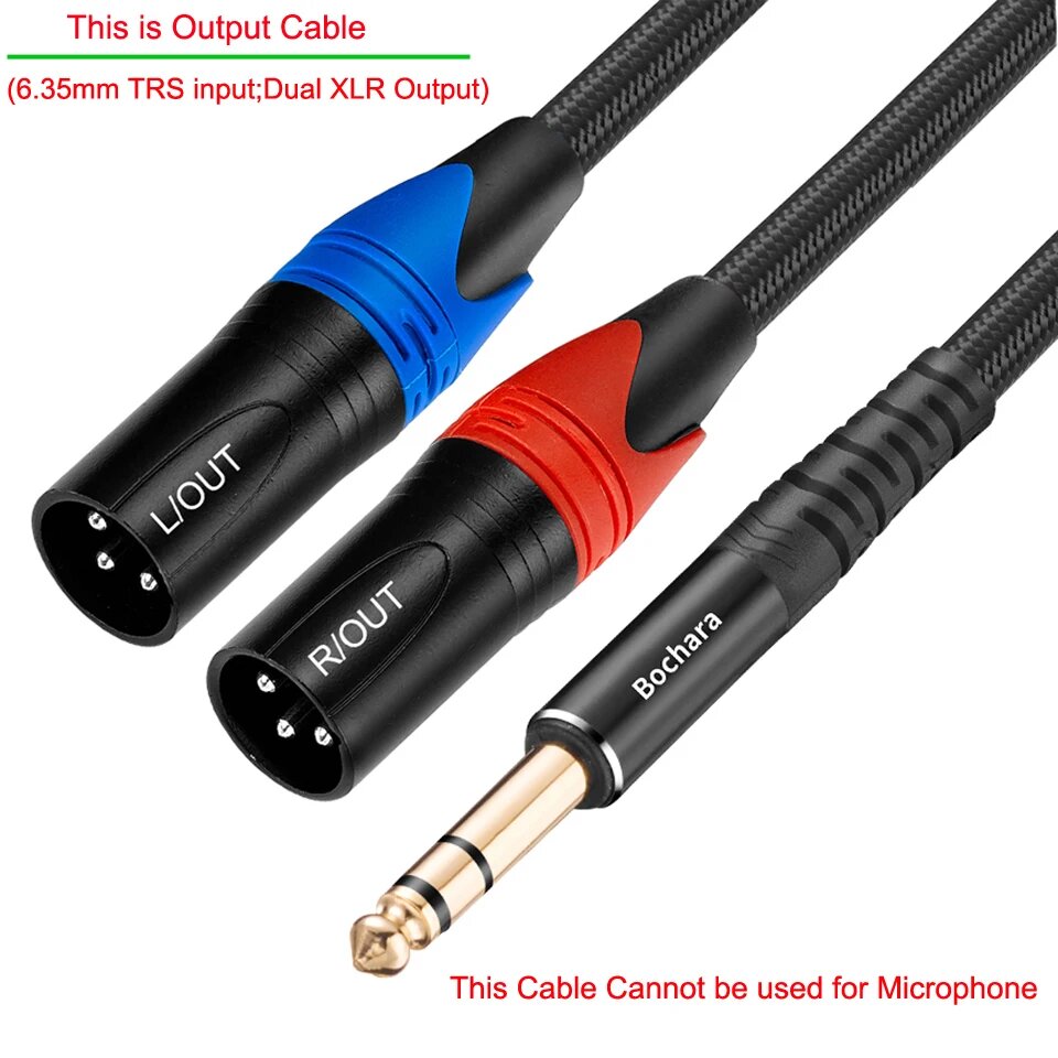 Bochara Braided 1/4' TRS 6.35mm Stereo Jack to Dual XLR Male OFC Audio Cable Black 1.5m