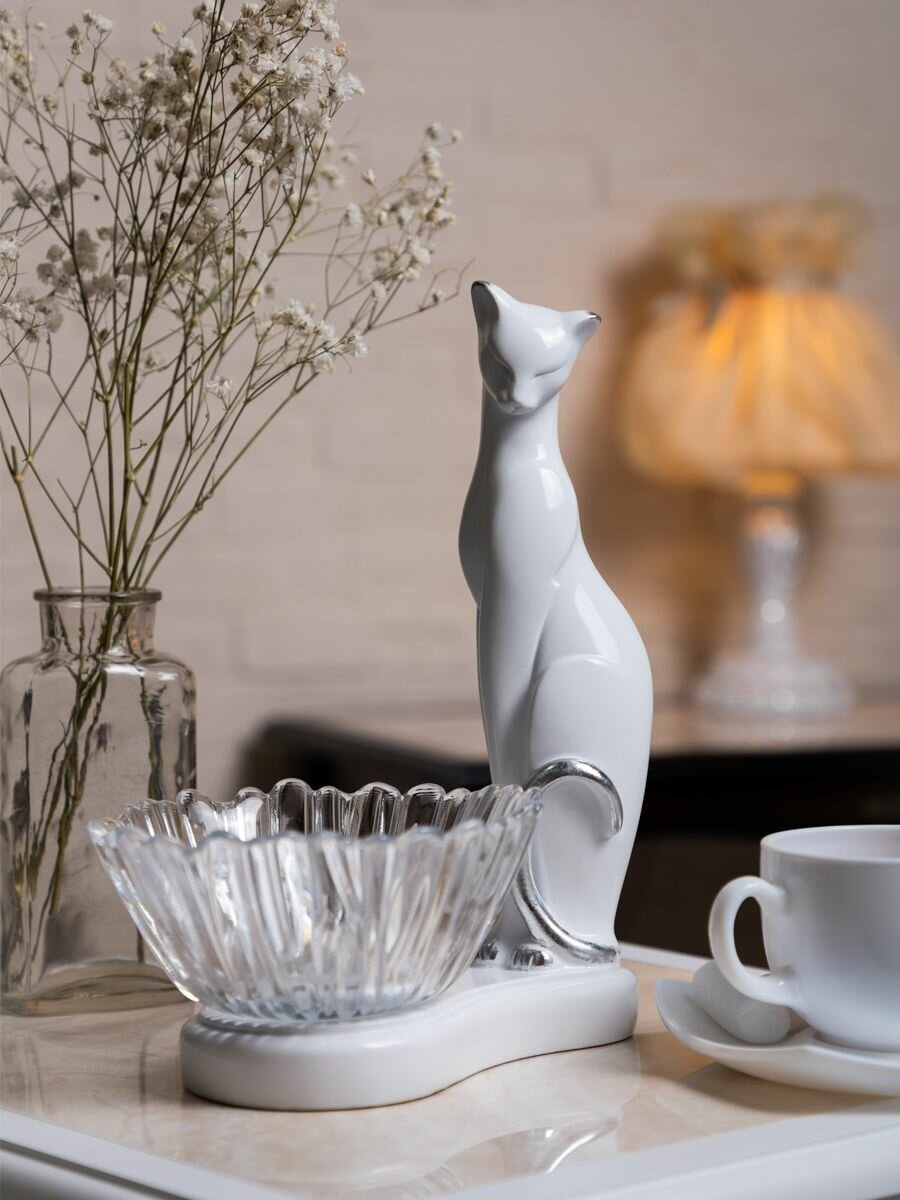 Фруктовница-конфетница из мрамора и стекла на ножке BOGACHO с кошкой