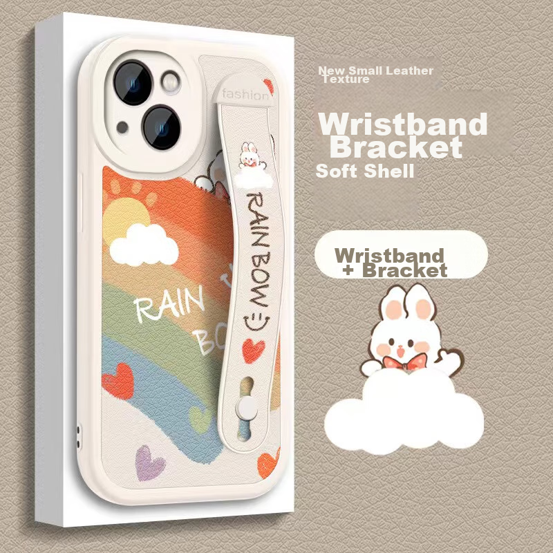ZiTai Apple 16 Phone Case iPhone 16 Protective Cover Wrist Strap Stand Two-in-One Full Coverage Anti-drop Personality Soft Shell Rainbow Wrist Strap White