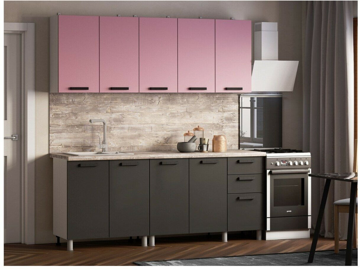 Кухонный гарнитур 2,0м, фасады МДФ, современный стиль, Сакура/Карбон вулкан