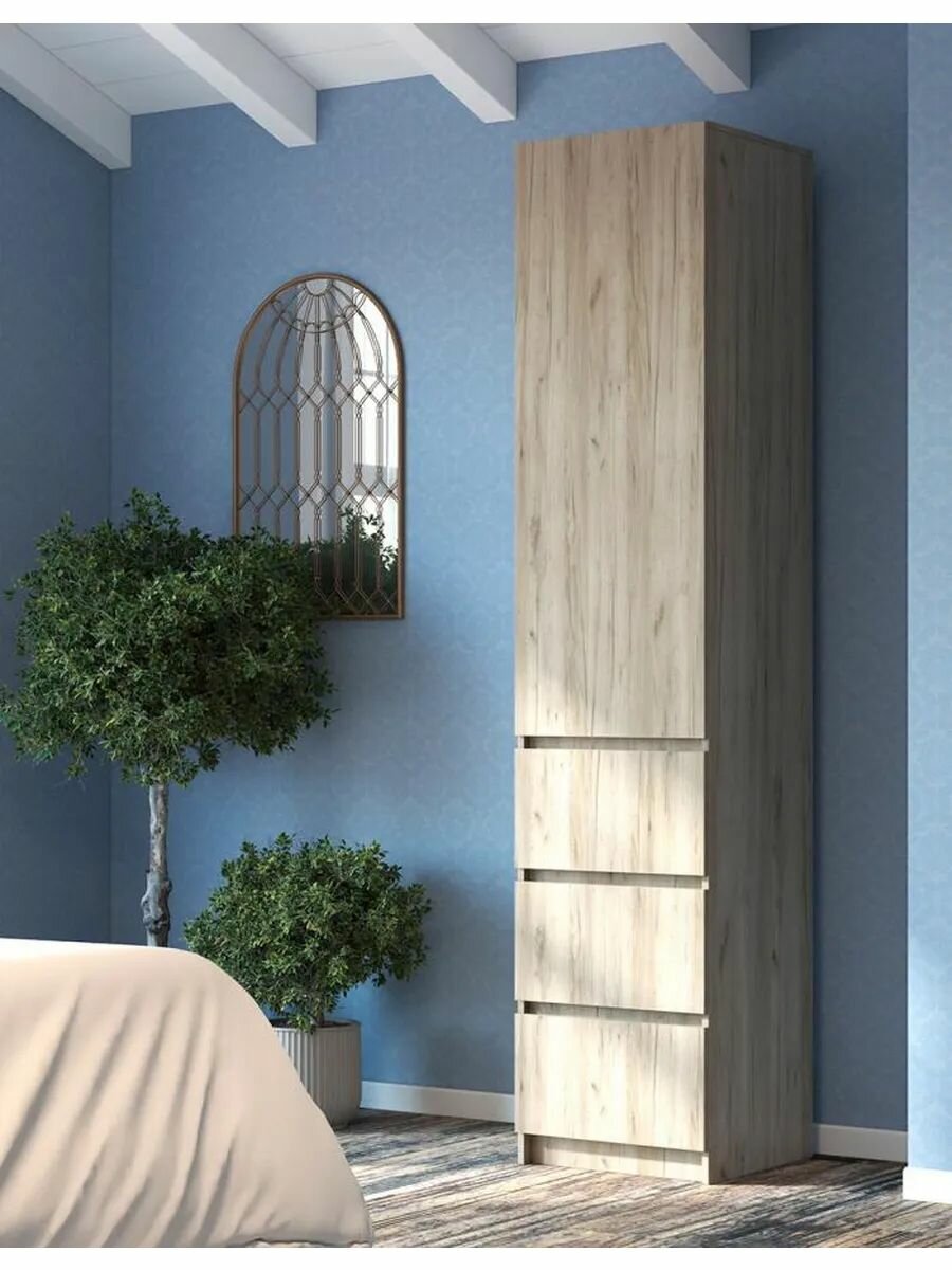 Распашной шкаф-пенал для одежды и хранения вещей Бохо с полками, с ящиками, 50.8х51х236 см, Дуб Крафт серый