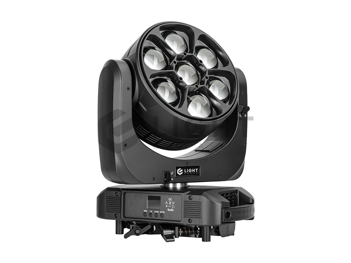 LightCraft 7x60W OSRAM B-EYE вращающаяся голова типа B-EYE. Источник света диоды OSRAM 7х60 Вт, RGBW. Вращение Pan : 540° (16 Bit) / Tilt: 270° (8/16 Bit). PixelControl. Встроенные макросы цвета. Угол раскрытия луча: 3°- 45° (плавный линейный цифровой Zoo