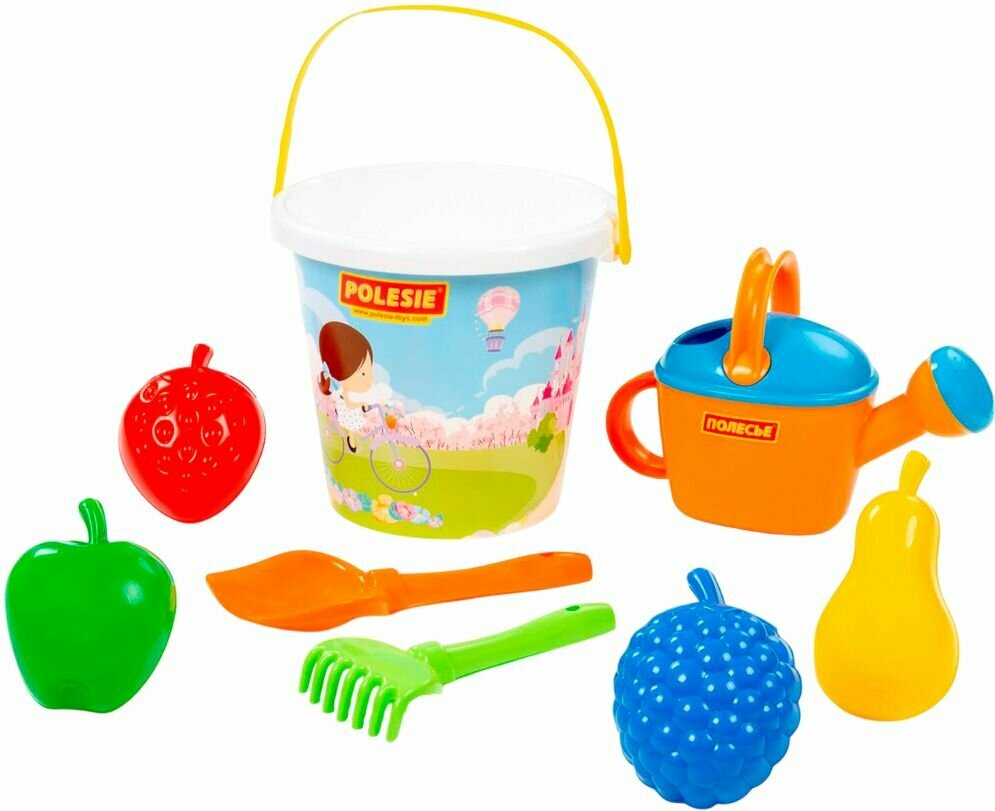 Песочный набор №602, в комплекте ведро, совок, грабли, лейка и 4 формочки, детские пластиковые игрушки для песочницы
