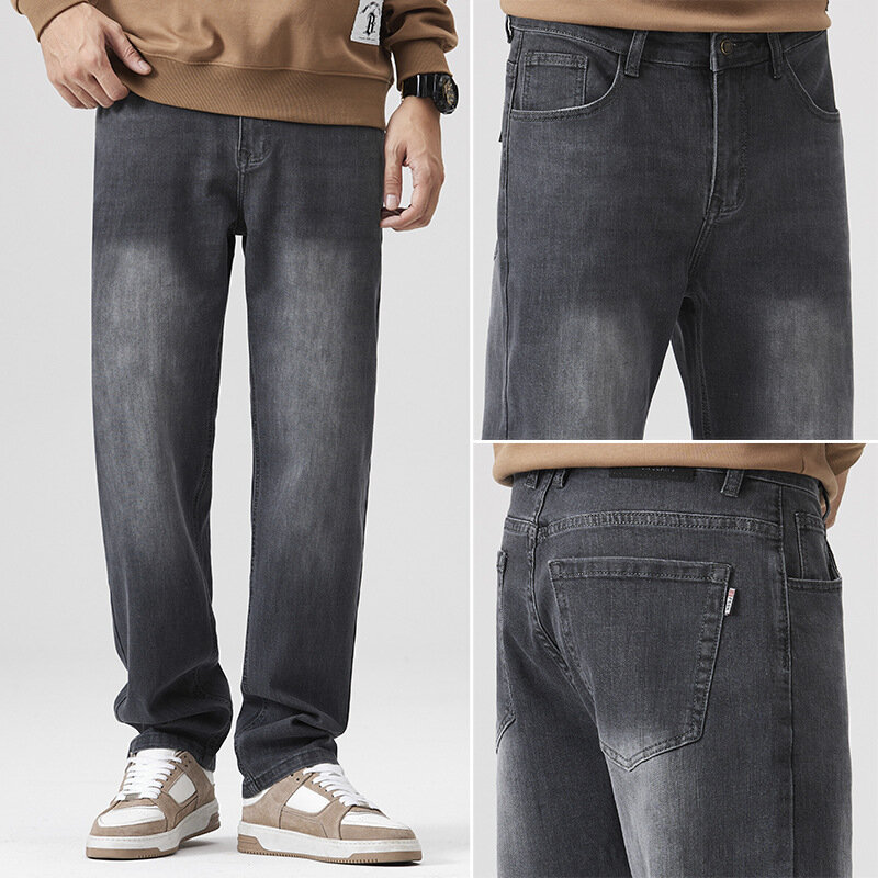 Охоты Брюки JYL Брюки джинсовые мужские Чистый цвет Осень-зима ретро черный свободный прямой молодежный