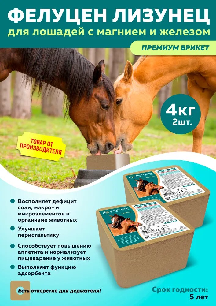 Комплект Фелуцен лизунец Премиум для лошадей с магнием и железом 4кг, 2 штуки