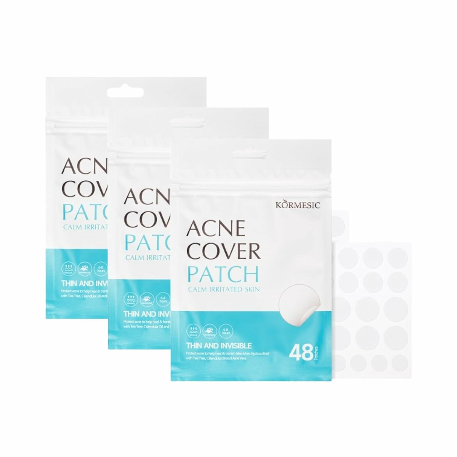 Патчи для прыщей Acne Pimple Patches — 3 упаковки, 144 патча — гидроколлоидные патчи с эфирным маслом чайного дерева, без тестирования на животных, сертифицированные вегетарианские, 16 патчей 8мм, 16 патчей 10мм, 16 патчей 12мм в герметичных пакетах с