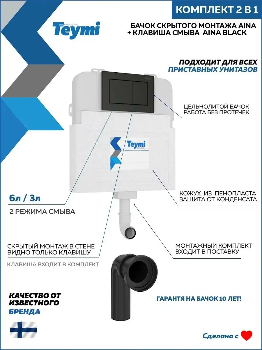 Бачок для унитаза приставного (скрытый монтаж) Teymi Aina T70012 в комплекте с кнопкой черной матовой T70810