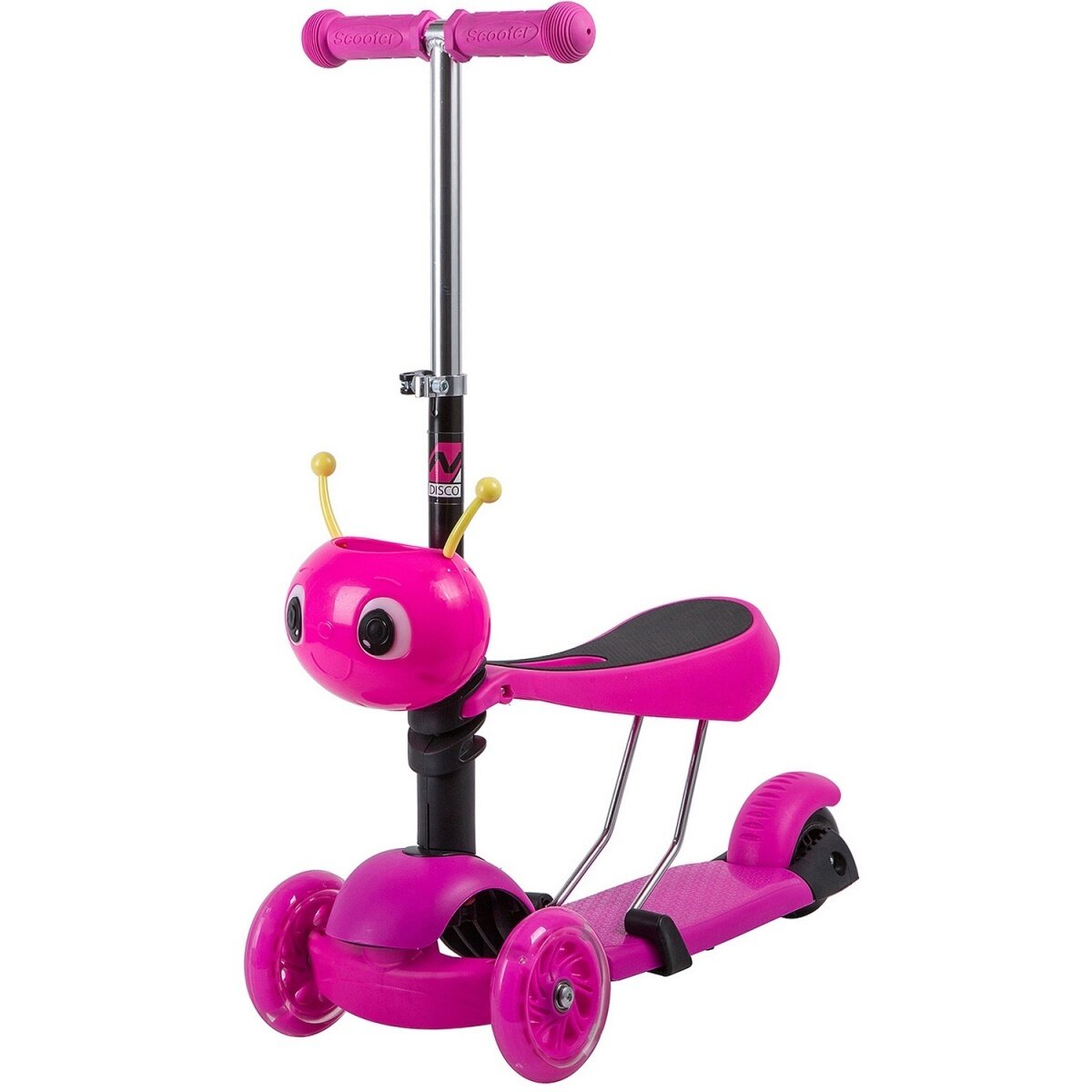 Самокат Novatrack Disco-kids Saddle для детей, трансформер, свет. колеса PU 120*90мм, розовый