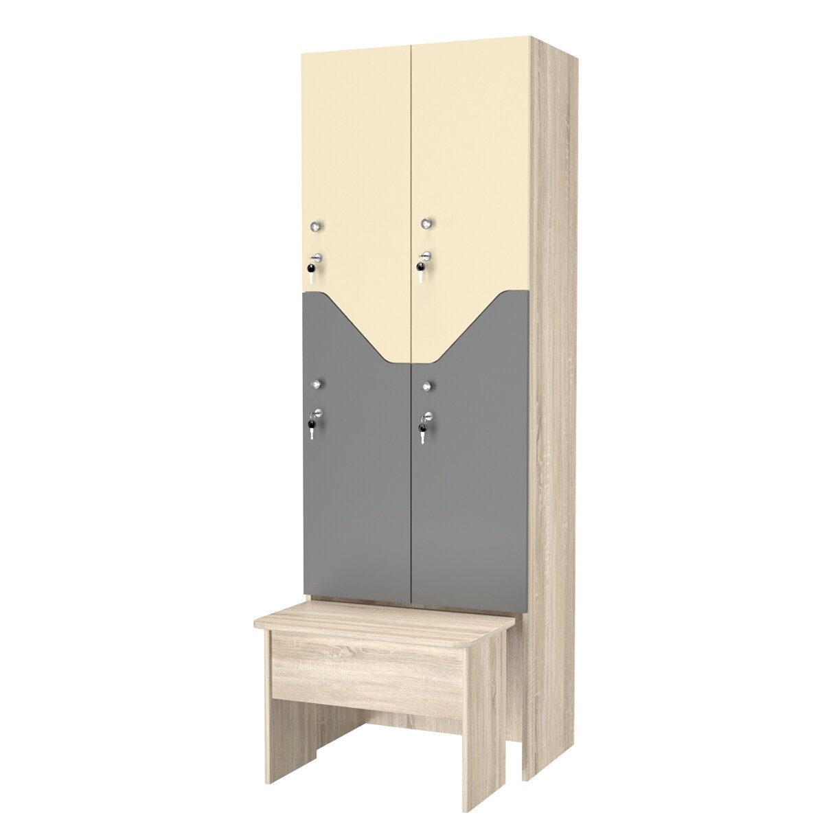 Шкаф для раздевалок с задвижной скамейкой комбо-элегия №2-2А, Дуб сонома + Крем Вайс + Темно-серый