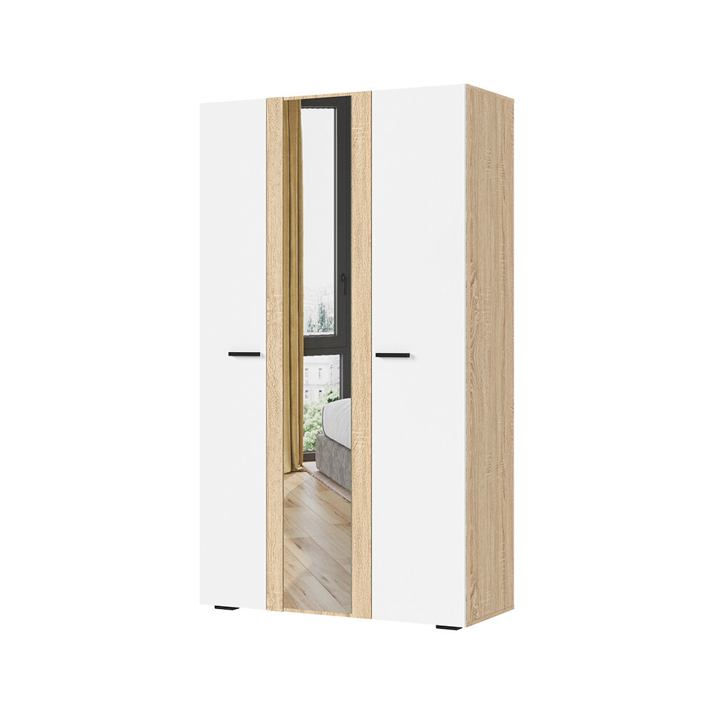 Шкаф 3-х створчатый с зеркалом посередине,5 полок и штанга для вешалок