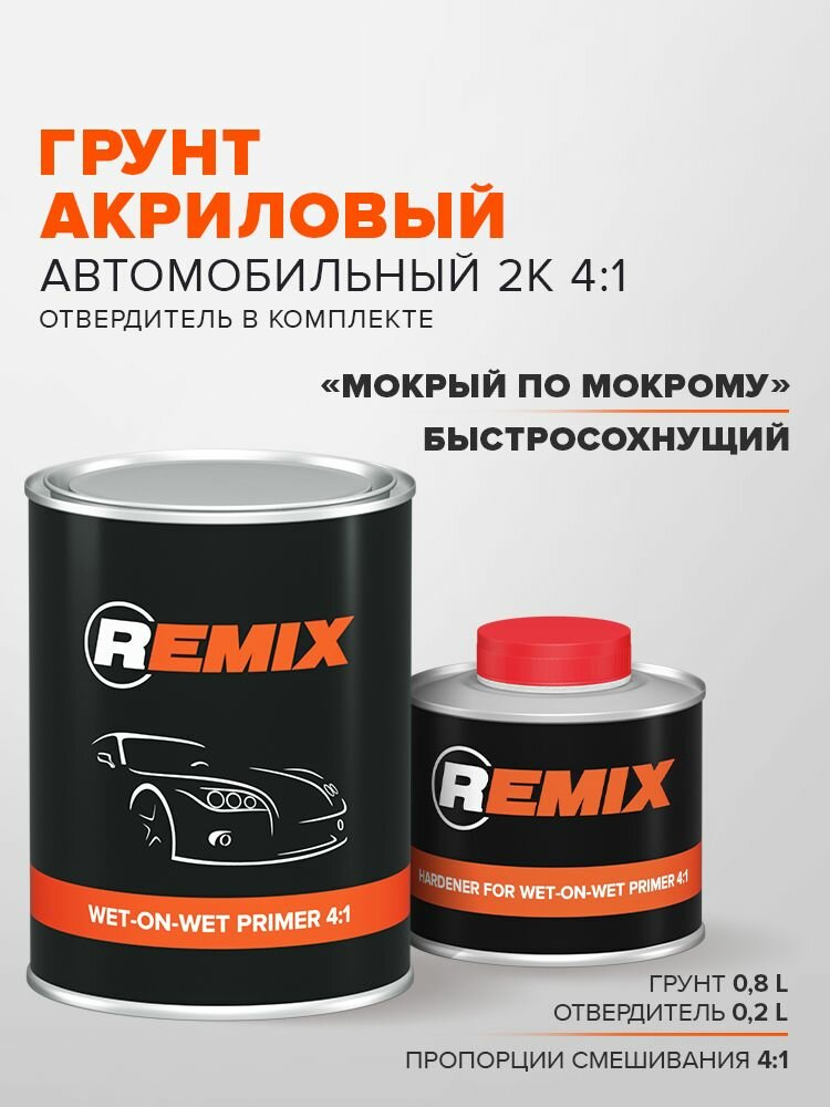 Грунтовка для автомобиля акриловая 2К мокрый-по-мокрому 4+1 белый, 0,8 л + отвердитель 0,2 л / REMIX /двухкомпонентный