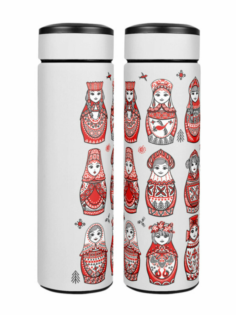 Термос «Девять матрёшек. Мезенские мотивы.» (белый)