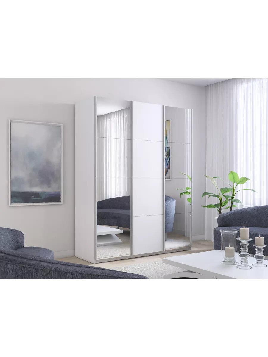 Шкаф-купе Широкий Прайм 3-х дверный Зеркала/ДСП/Доводчики 240х57х230, Мебельная компания Е1, Белый снег